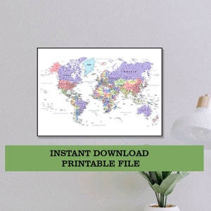 Digital World Map, Purple Pink Wall Decor, Wall Poster Download ...