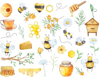 Watercolor Cute Bee Clip Art, Bee PNG Bundle, Honey Bee Art, Busy Bees ...