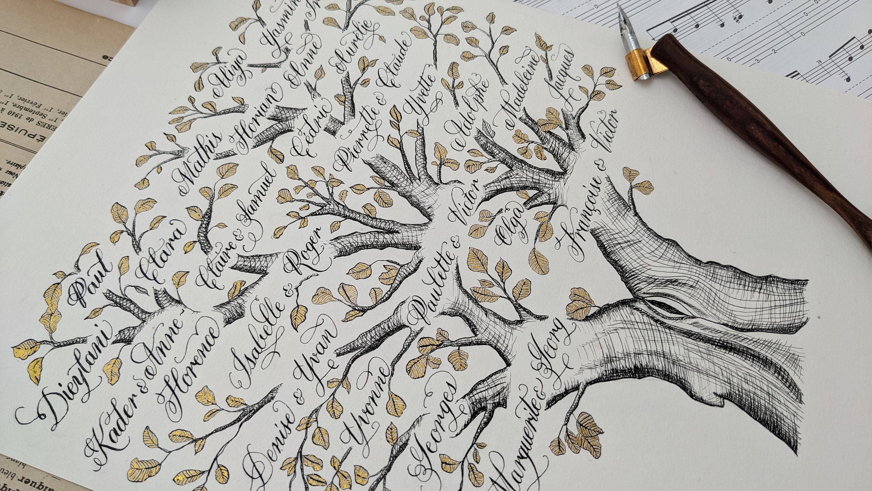 Calligraphed Family Tree, Family Tree, Family Tree on Request, Golden ...