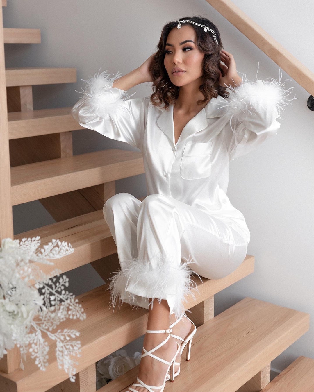 White Ice Silk Pyjamas Set With Feathers | Ice Silk Set | Bride Pj Set ...