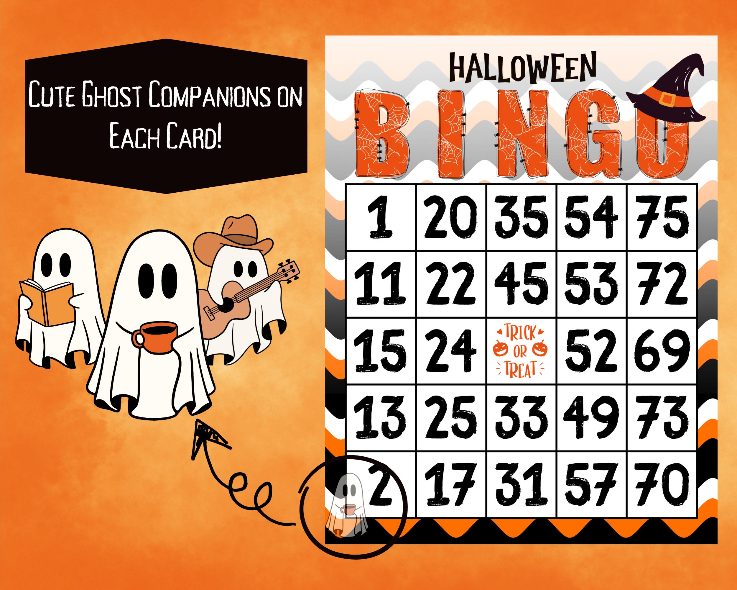 60 Count 8.5" by 11" Printable Cute Halloween Ghost Bingo Cards Game ...