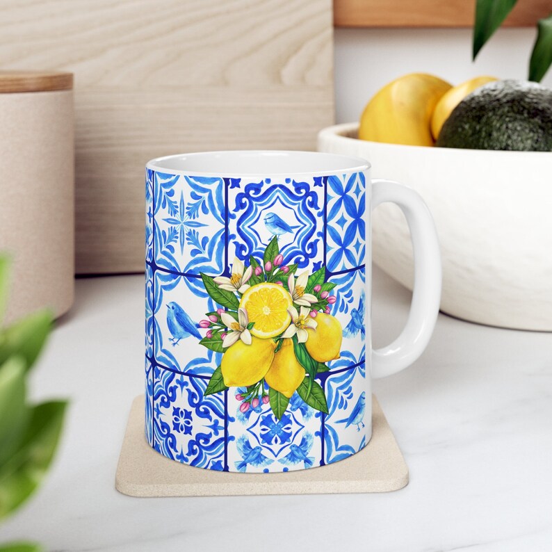 Italian Lemon Tile Mug Italian Blue Tiles Mediterranean Theme Gift ...