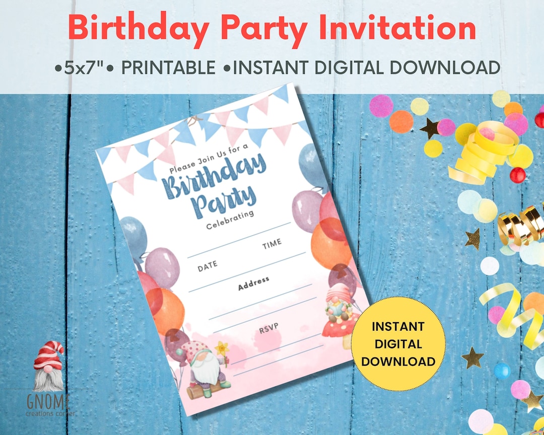 Blank Watercolor Gnome Invitation Printable Fill in Birthday - Etsy