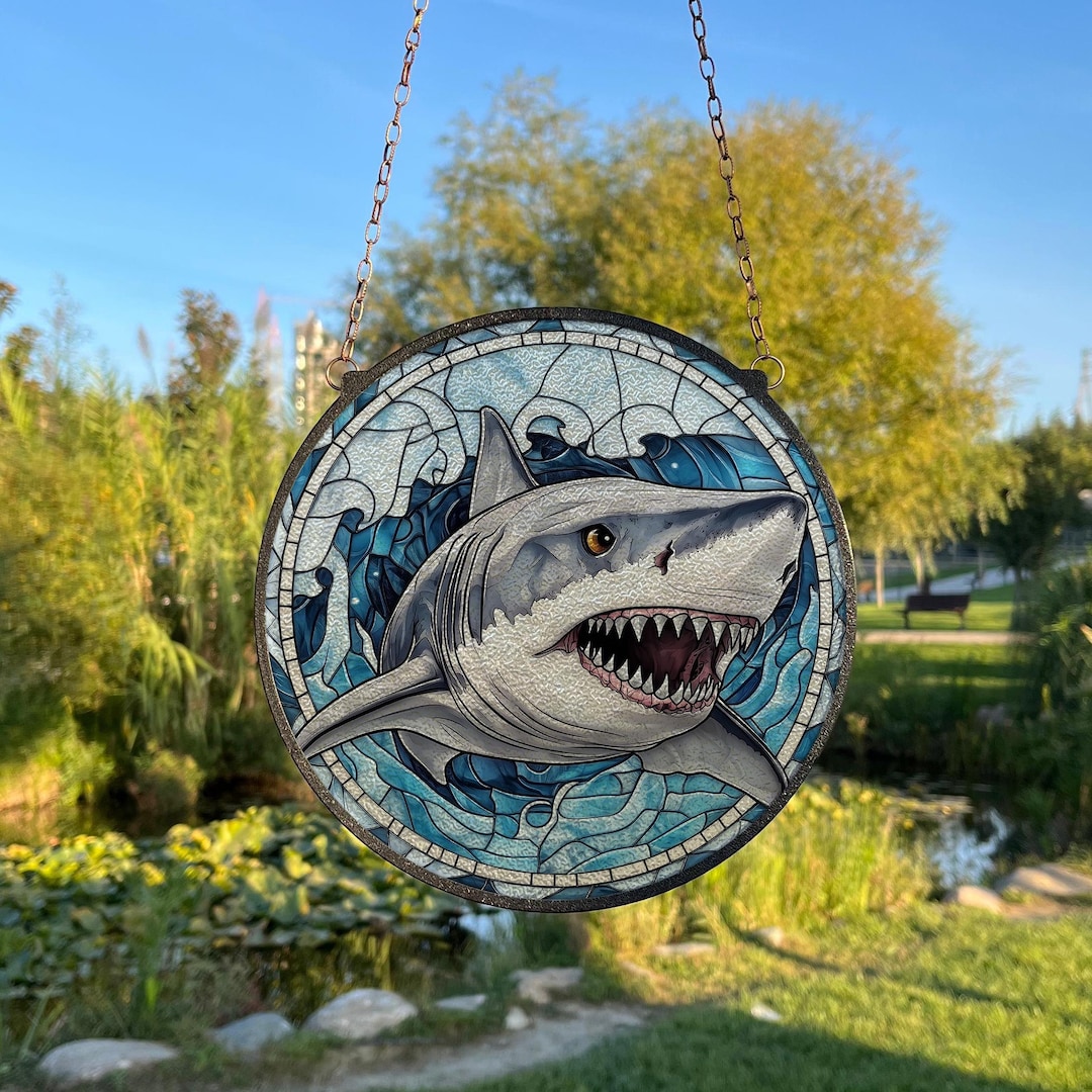 Shark Painted Stained Glass Suncatcher, Window Hanging Decor, Outdoor ...