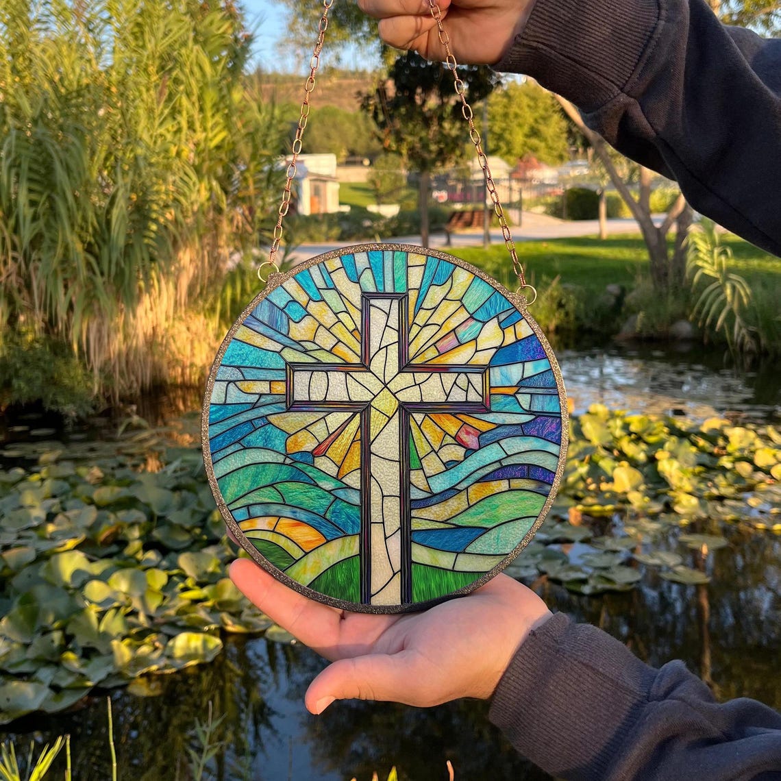Cross Painted Stained Glass Suncatcher, Window Hanging Decor, Christian ...
