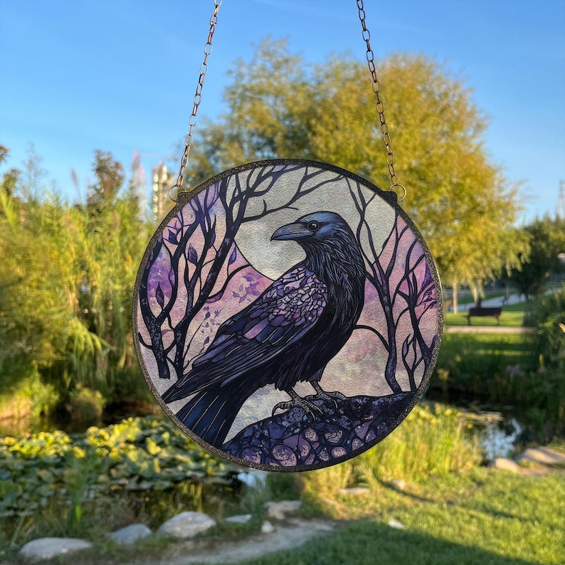 Winter Raven Painted Stained Glass Suncatcher, Window Hanging Decor ...