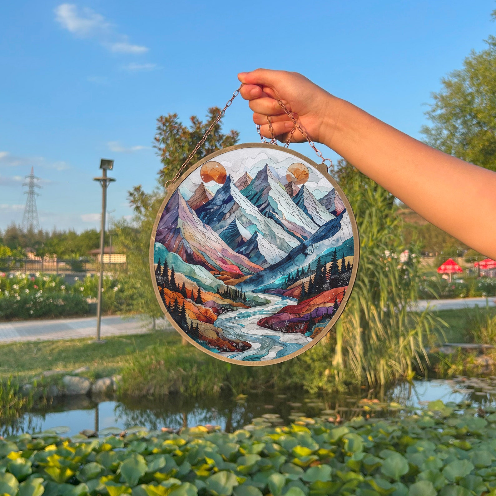 Alpine Mountain Range Painted Stained Glass Suncatcher, Window Hanging ...