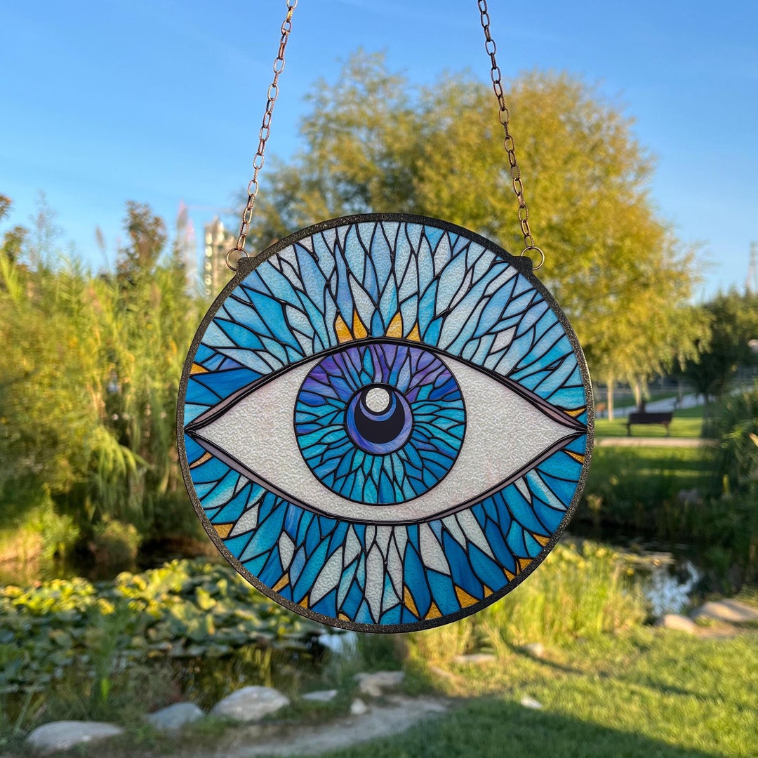 Evil Eye Painted Stained Glass Suncatcher, Window Hanging Decor ...
