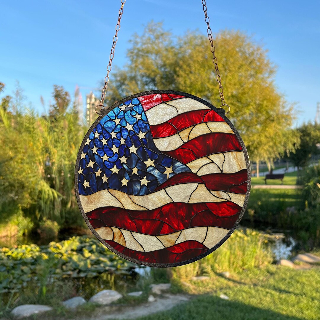 Painted Stained Glass USA Flag Suncatcher, Patriotic Decor - Etsy