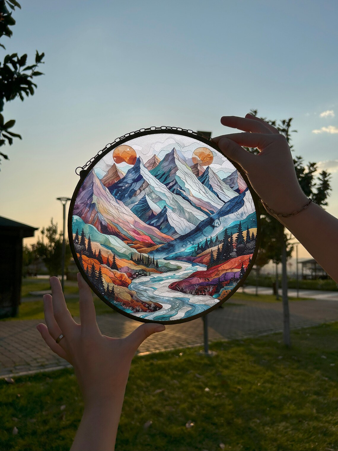 Alpine Mountain Range Painted Stained Glass Suncatcher, Window Hanging ...