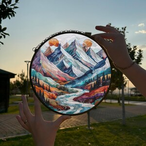 Alpine Mountain Range Painted Stained Glass Suncatcher, Window Hanging ...