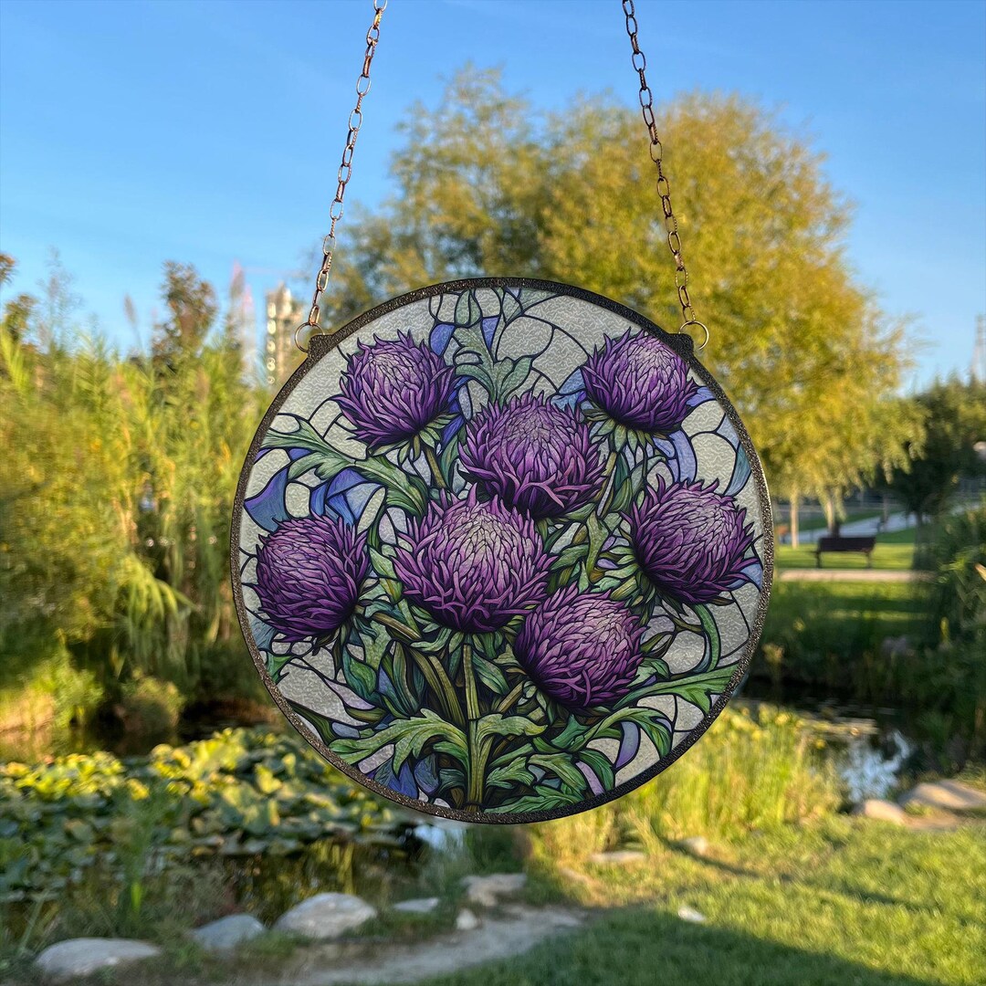 Purple Thistles Stained Glass Style Wall and Window Decoration, Sun ...