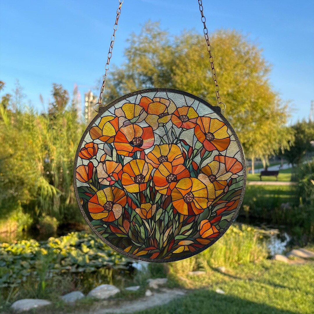 Orange California Poppies Stained Glass Suncatcher, Window Hanging ...