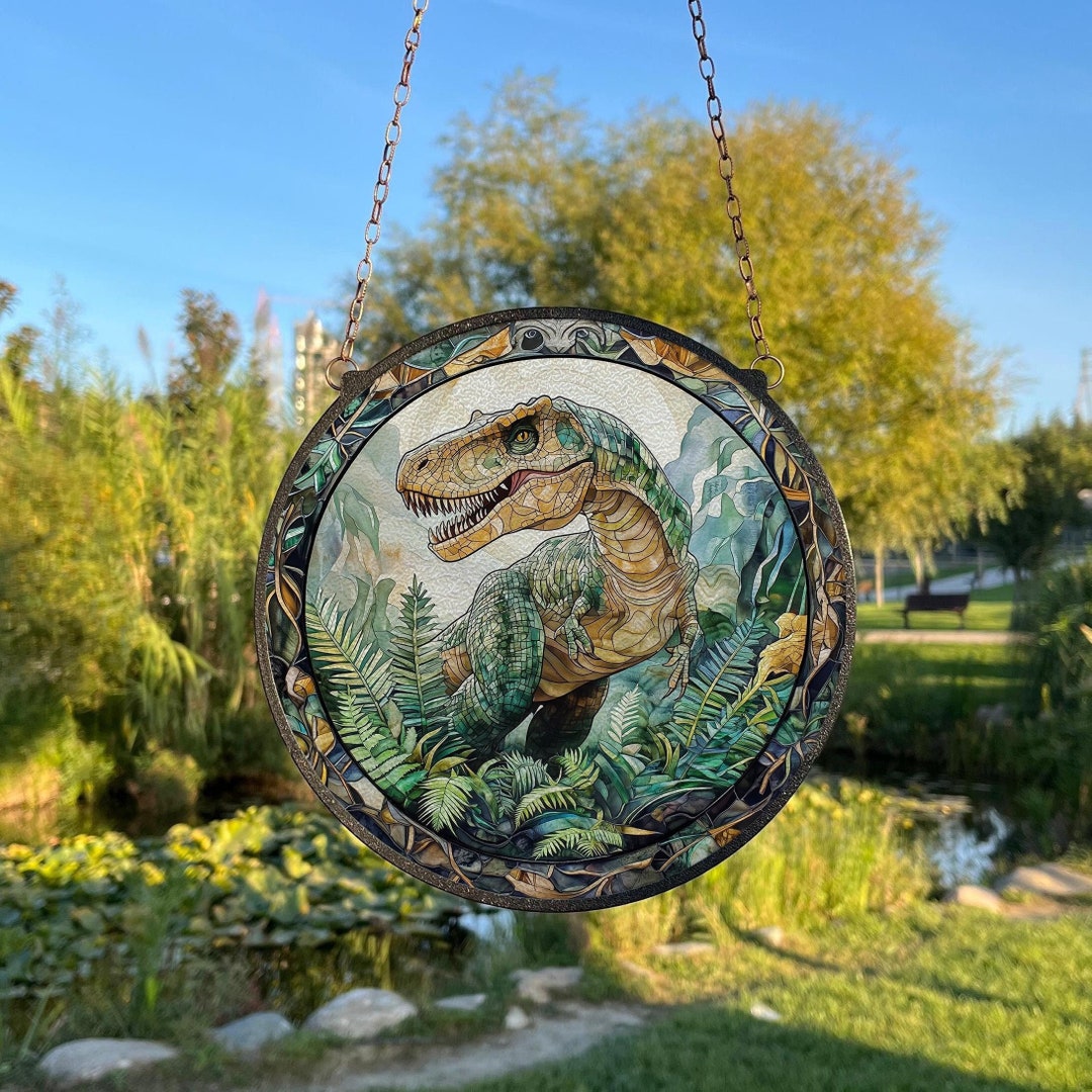 T-rex Dinosaur Painted Stained Glass Suncatcher, Window Hanging Decor ...