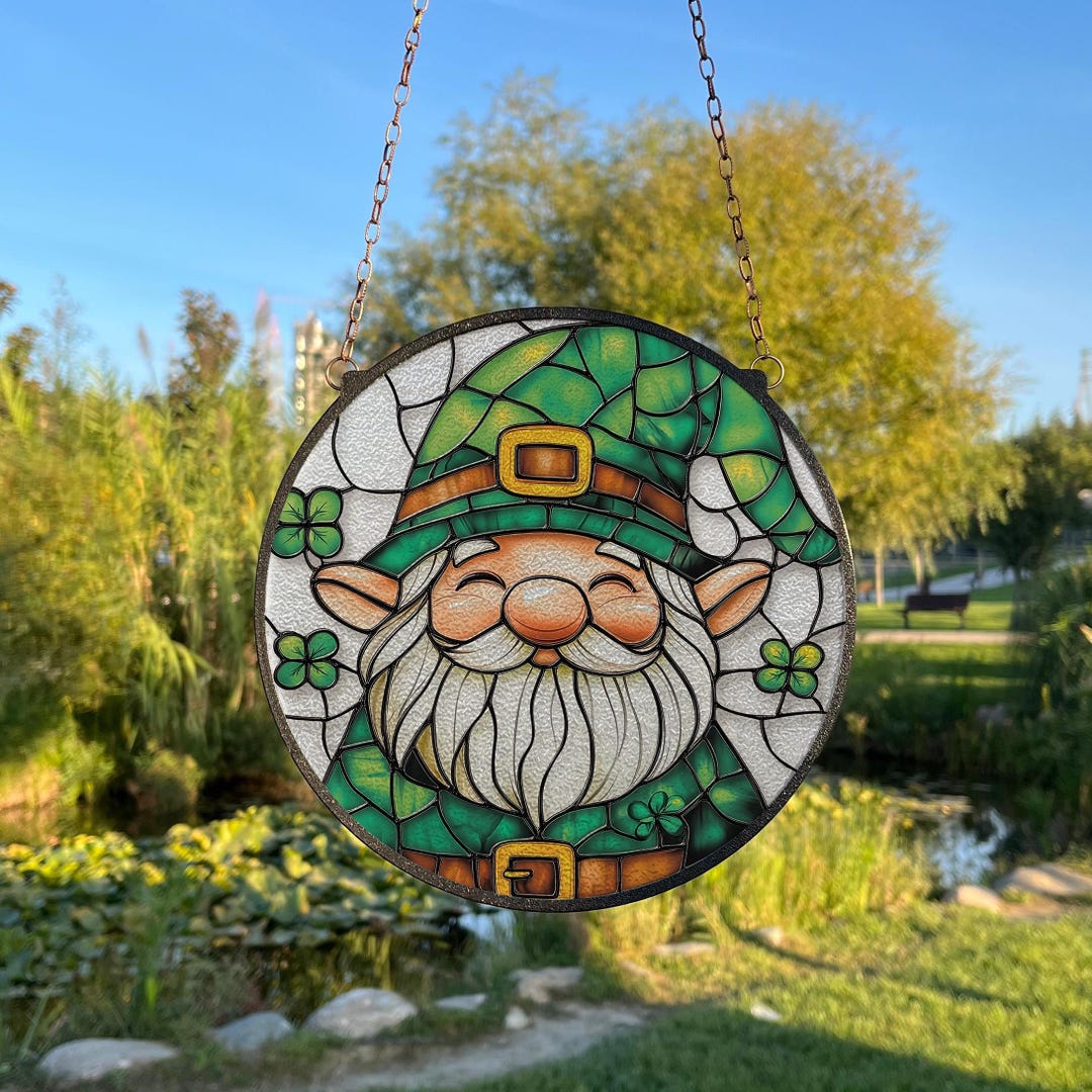 Irish Gnome Painted Stained Glass Suncatcher, Window Hanging Decor, St ...