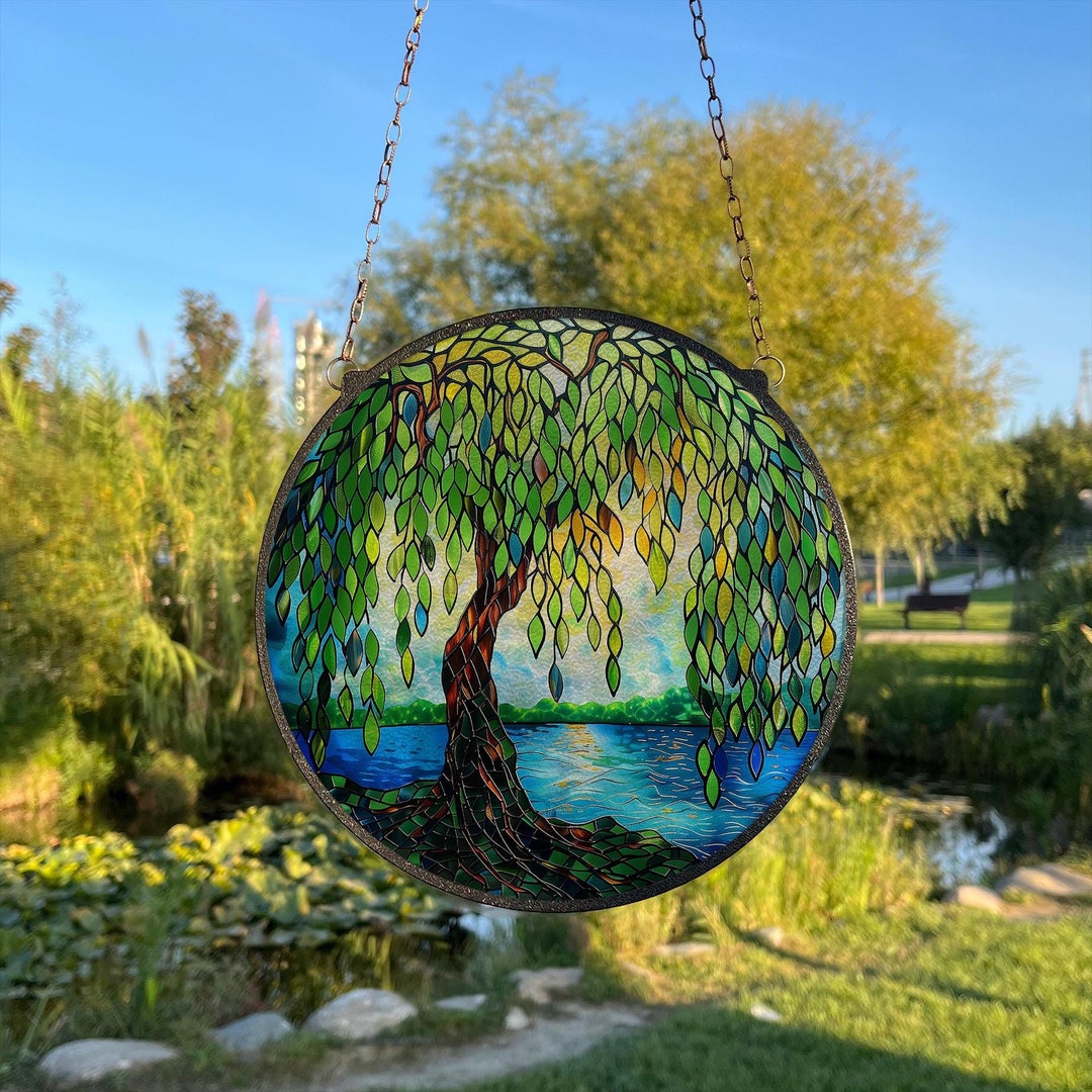 Weeping Willow Painted Stained Glass Suncatcher, Window Hanging Decor ...