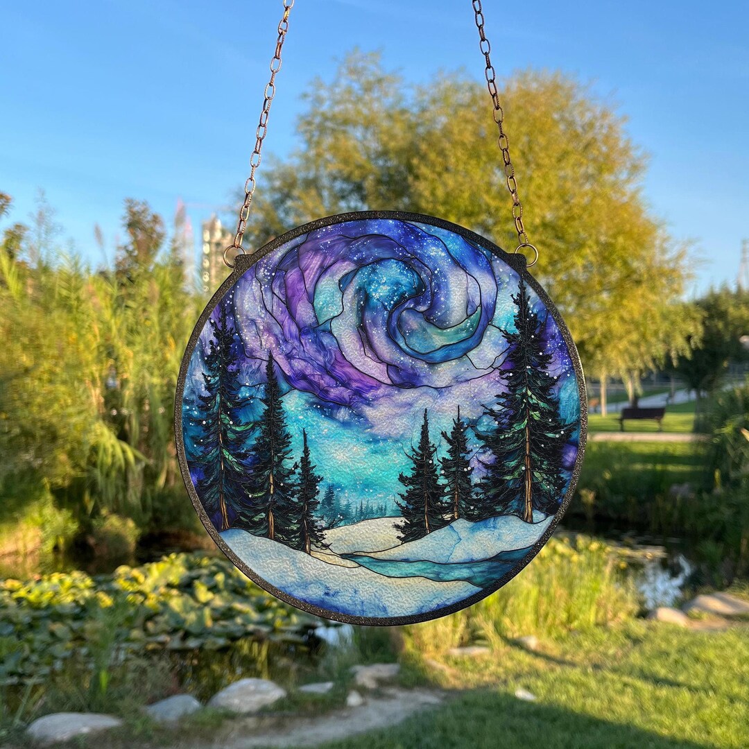 Northern Lights Stained Glass Suncatcher, Window Hanging Decor, Outdoor ...
