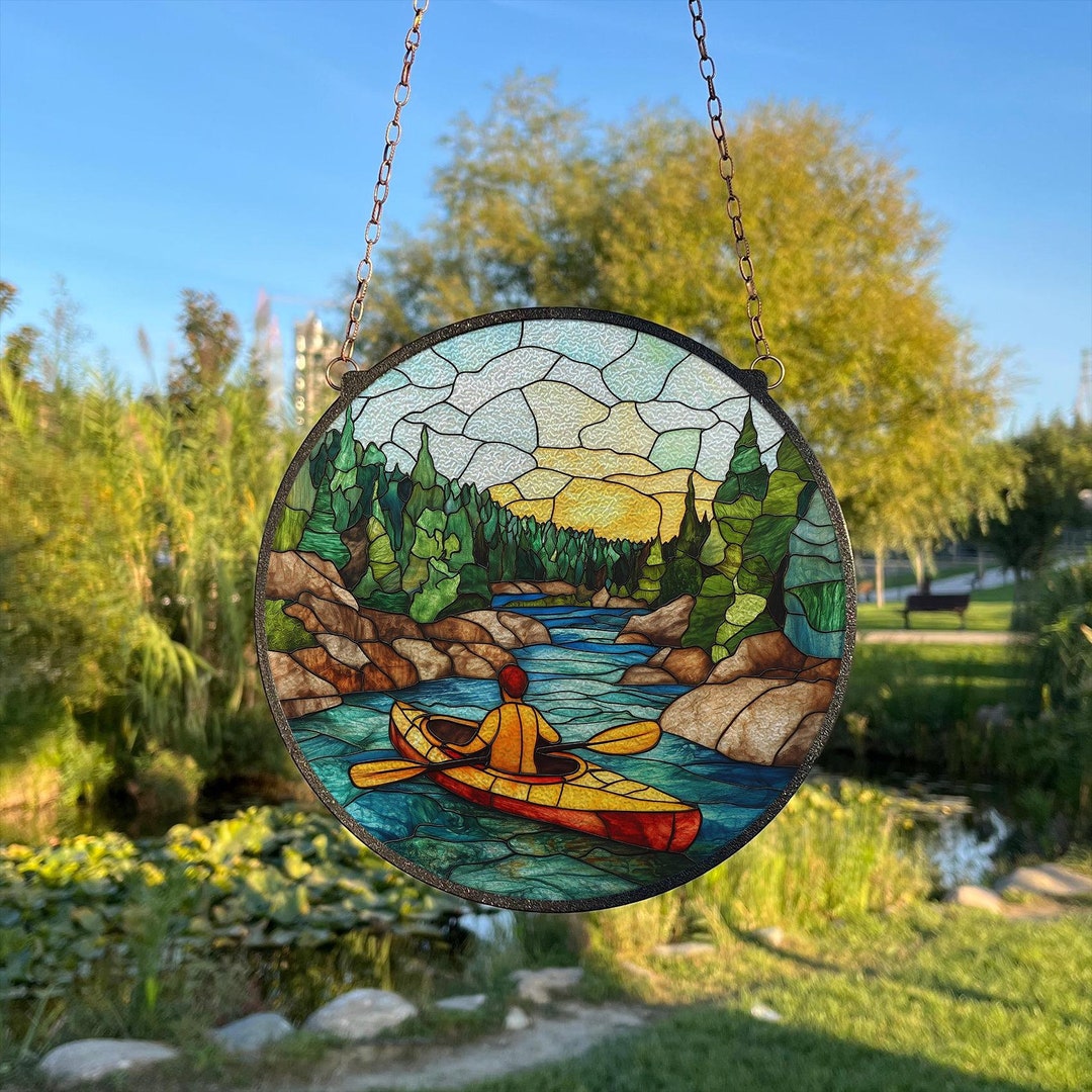 Canoeing Man Stained Glass Style Wall and Window Decoration, Sun ...