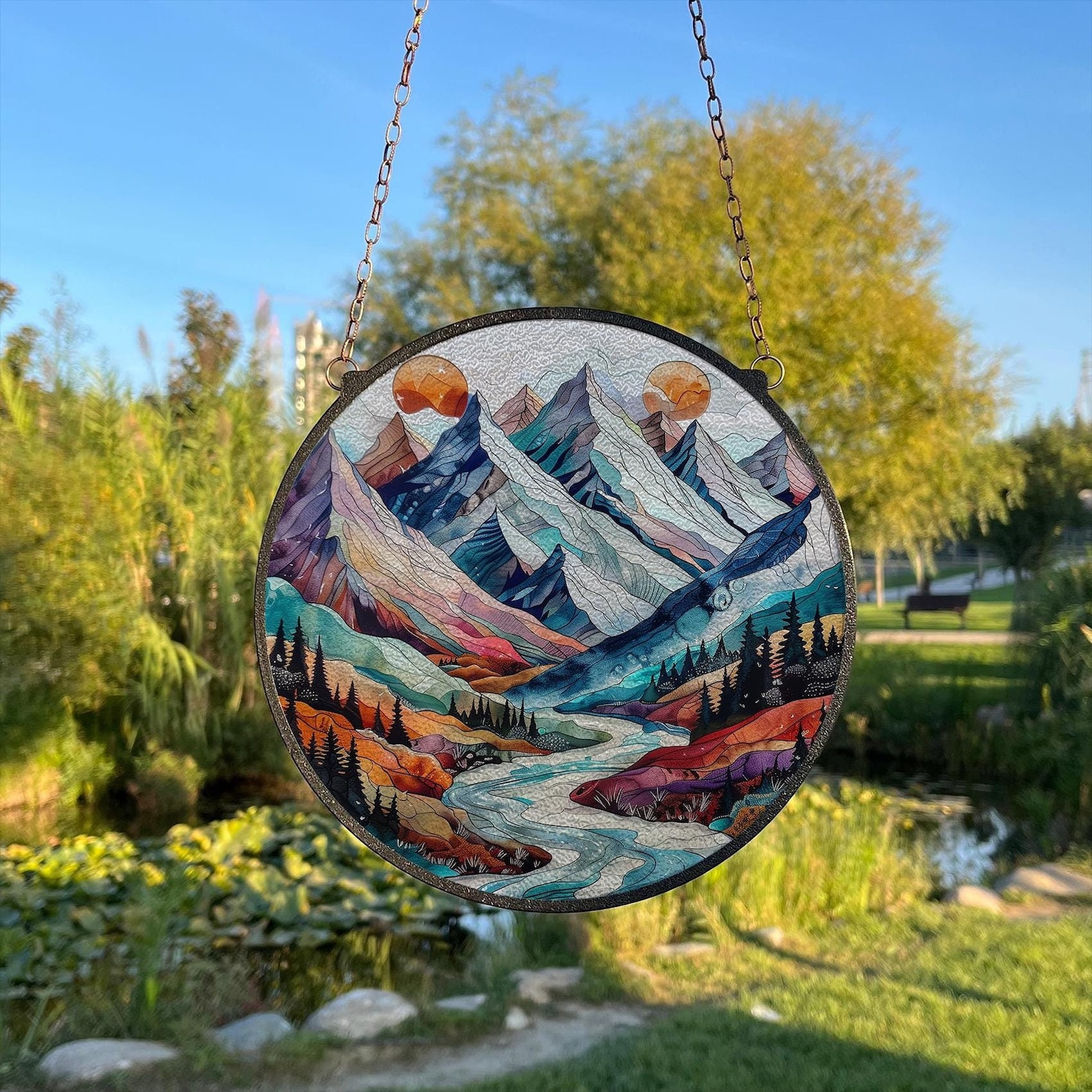 Alpine Mountain Range Painted Stained Glass Suncatcher, Window Hanging ...