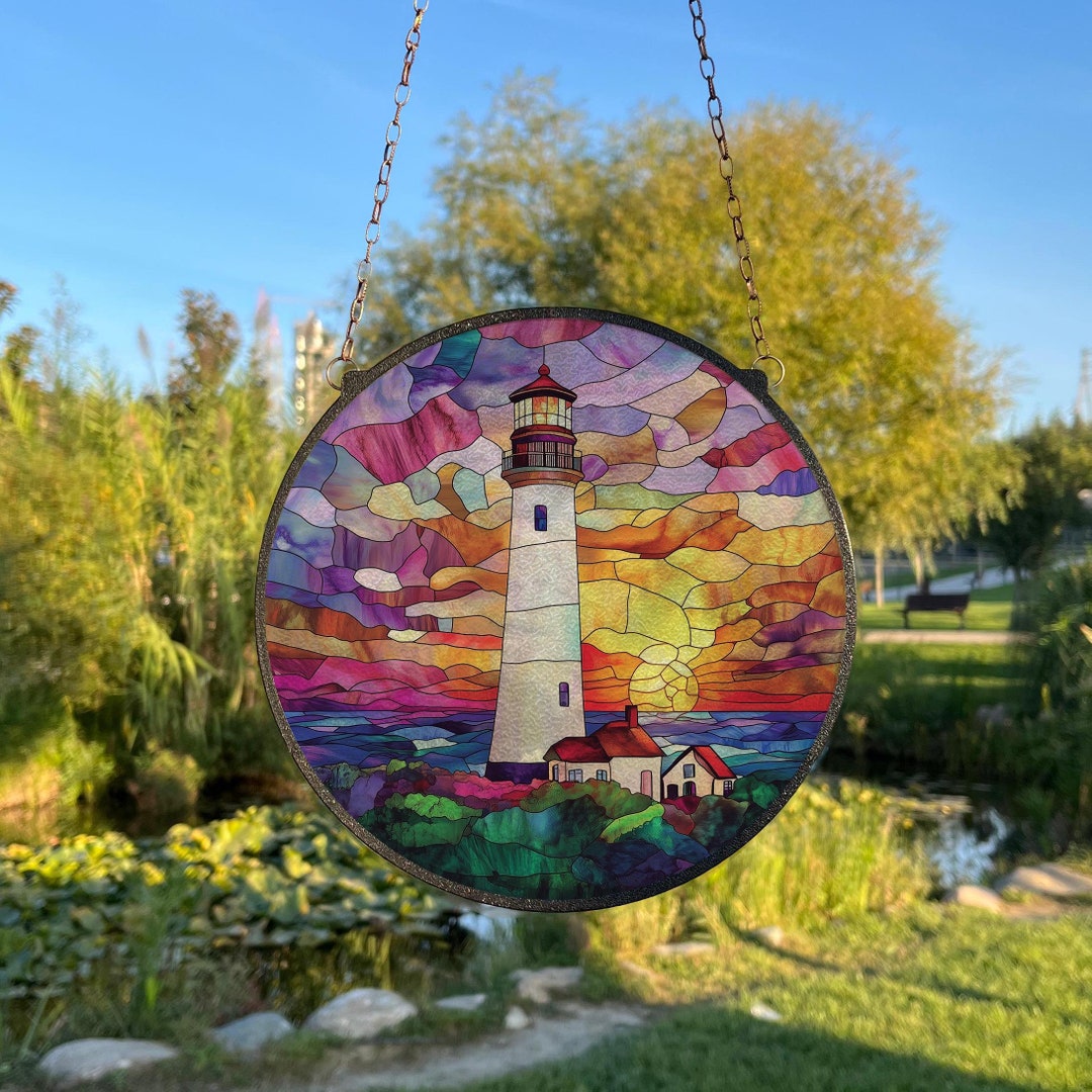 Colorful Lighthouse Stained Glass Suncatcher, Coastal Window Decor - Etsy