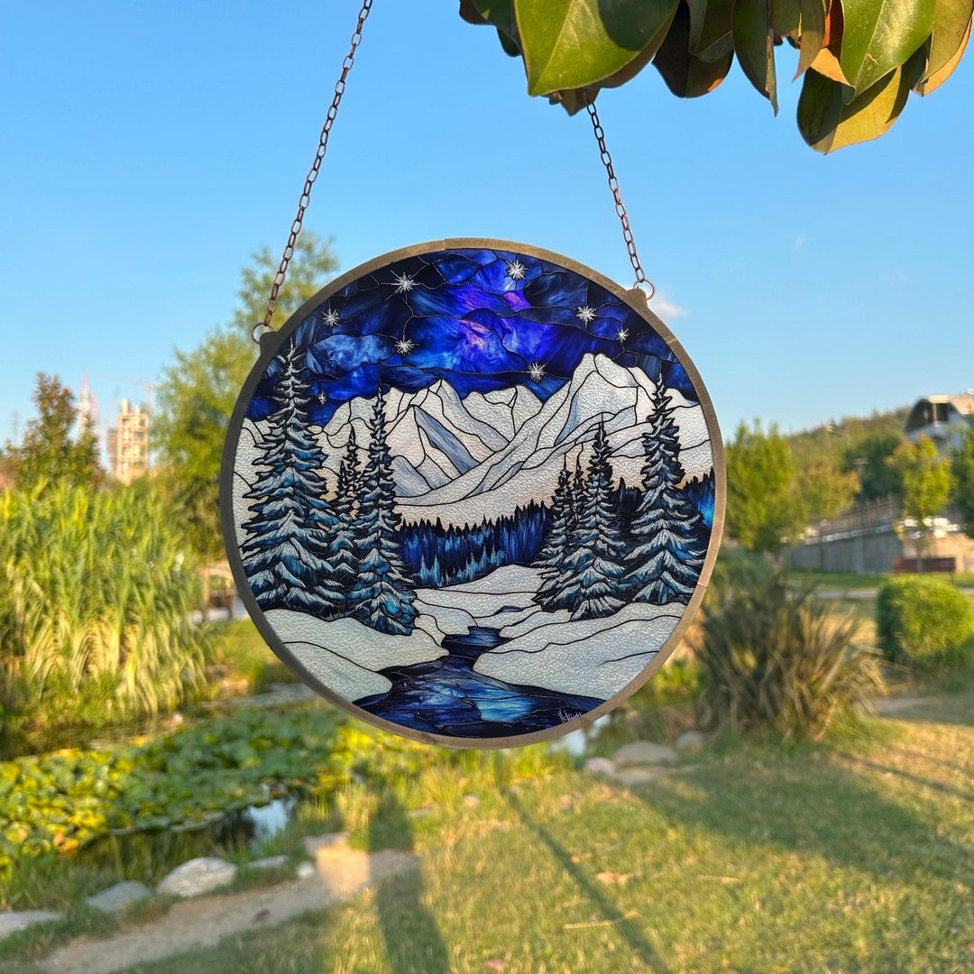 Winter Mountain Painted Stained Glass Suncatcher, Window Hanging Decor ...