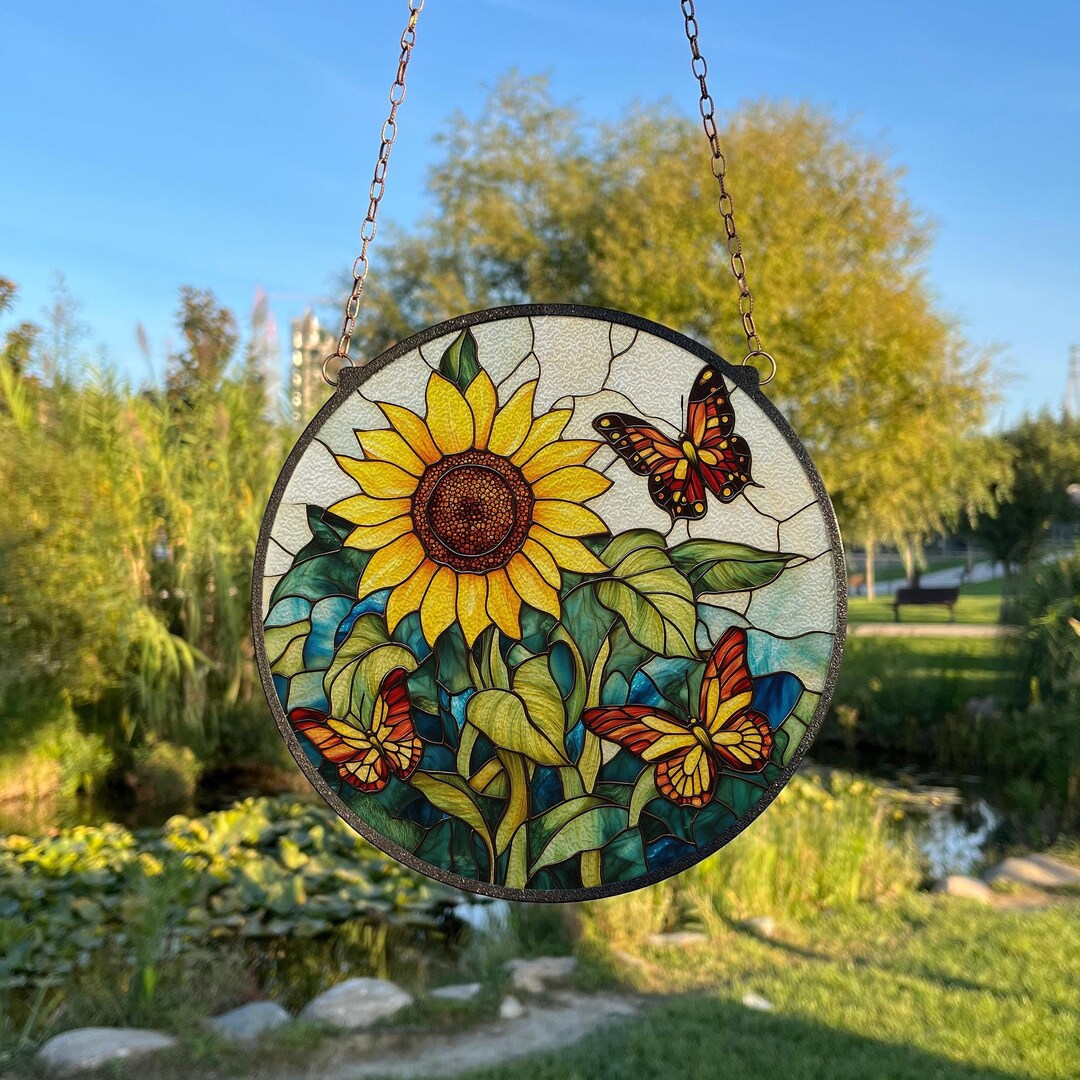 Sunflower and Butterflies Stained Glass Style Wall and Window ...