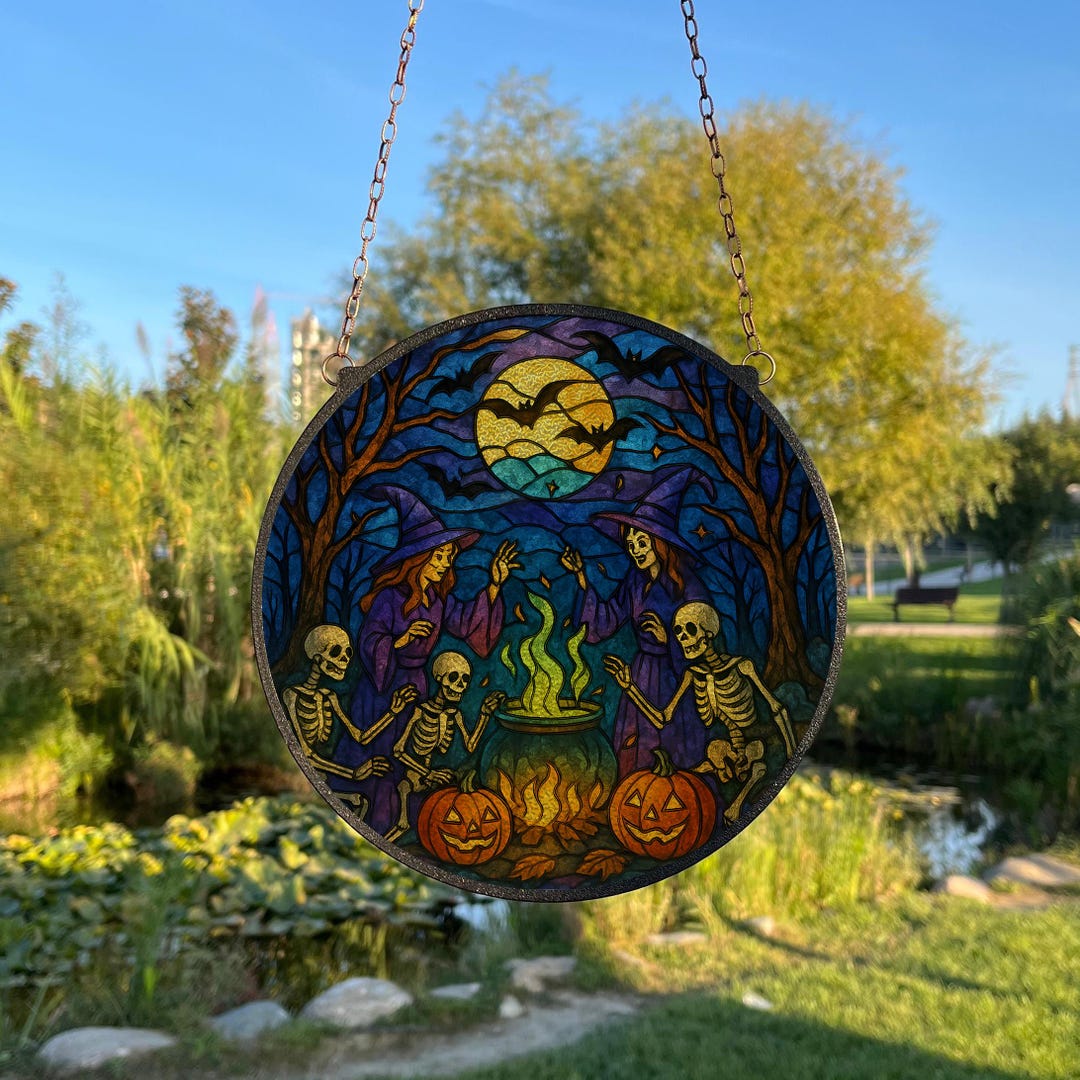 Witch’s Cauldron Stained Glass Window Hangings, Halloween Suncatcher ...
