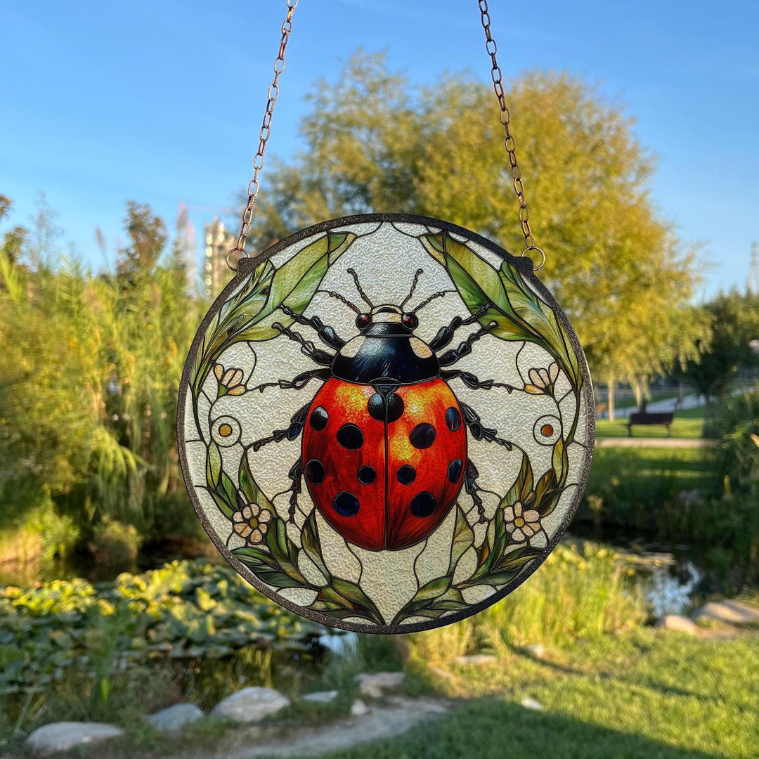 Ladybird Stained Glass Suncatcher, Window Hanging Decor, Outdoor Sun ...