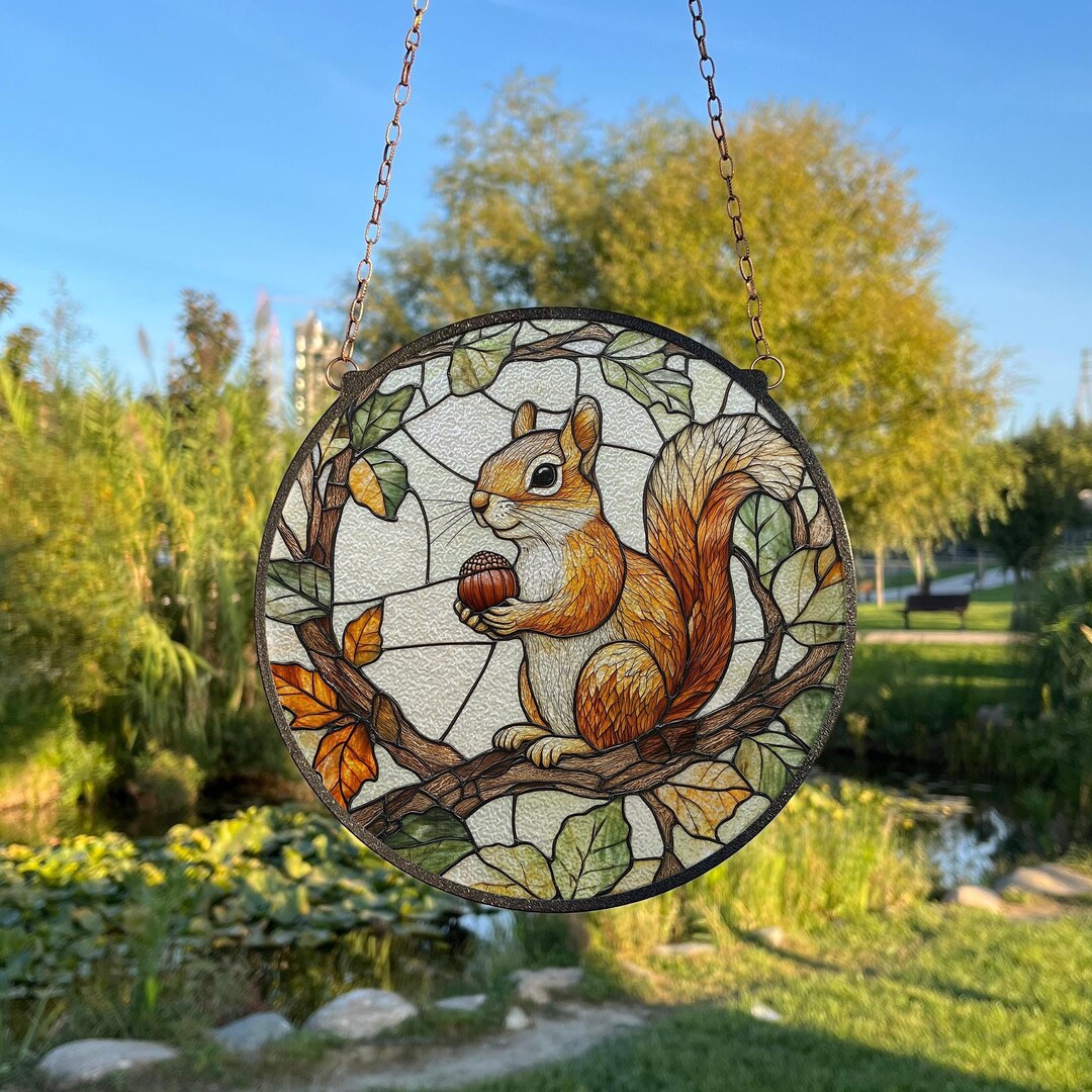 Squirrel Stained Glass Suncatcher, Hand-painted Window Hanging - Etsy