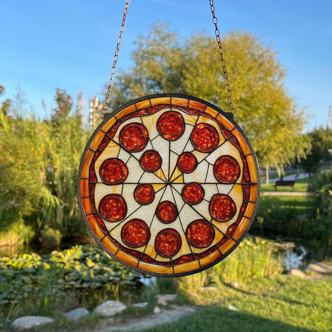 Pepperoni Pizza Stained Glass, Window Hanging Decor, Kitchen Suncatcher ...