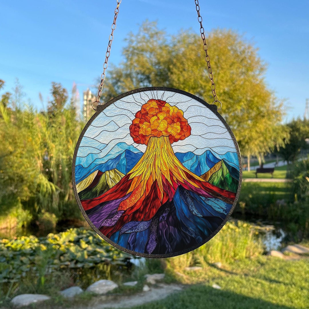 Erupting Volcano Stained Glass Suncatcher, Window Hanging Decor, Nature ...