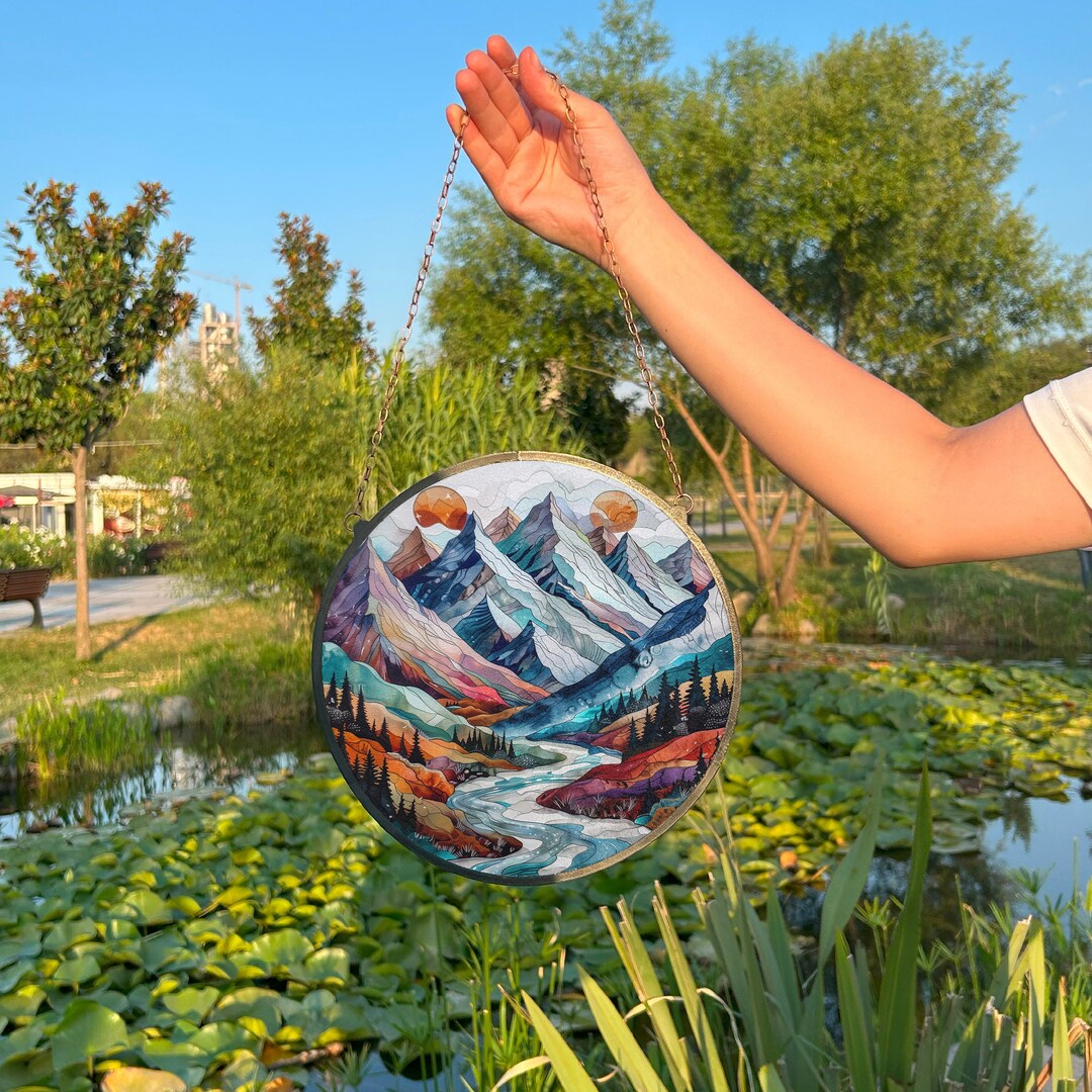 Alpine Mountain Range Painted Stained Glass Suncatcher, Window Hanging ...