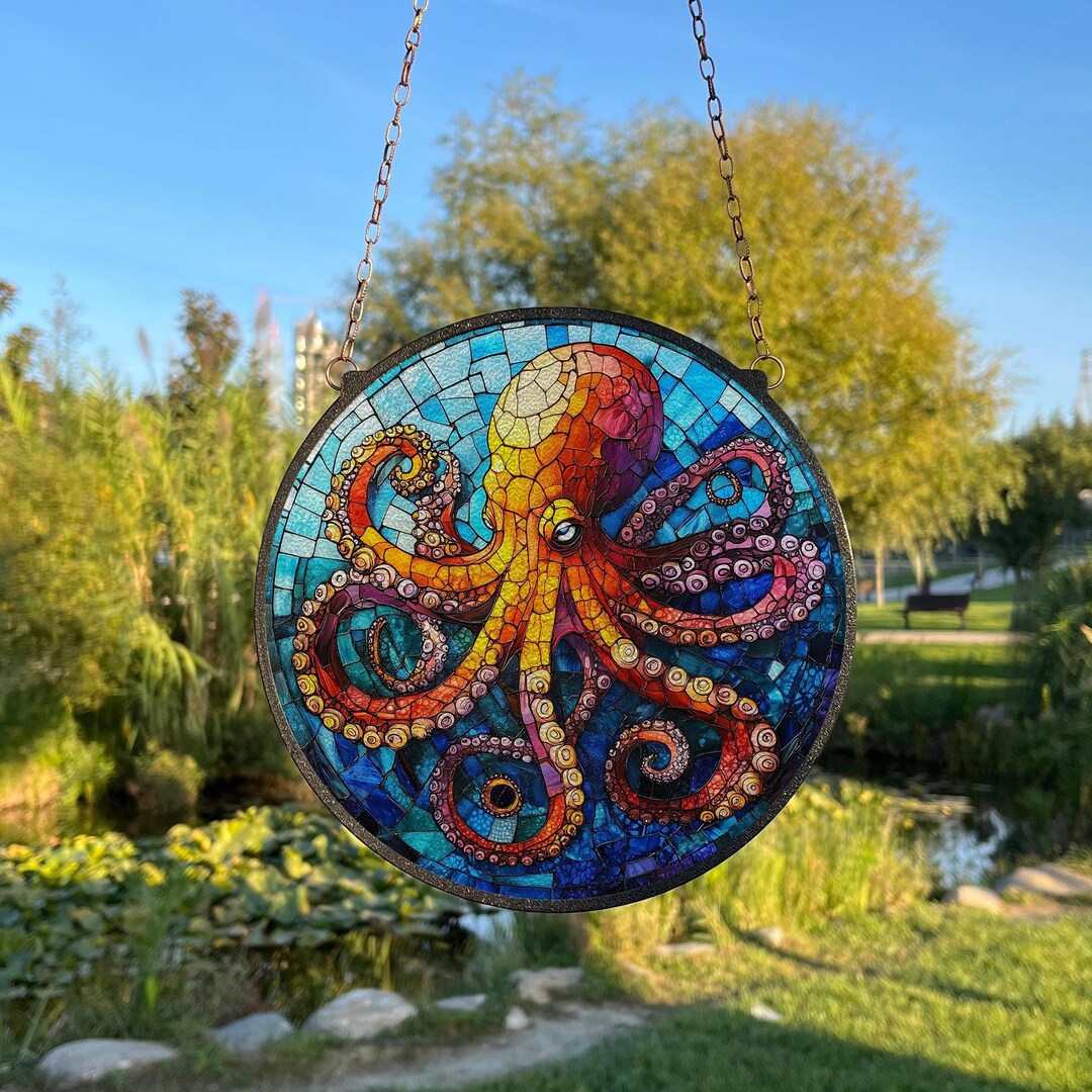 Octopus Painted Stained Glass Suncatcher, Window Hanging Decor, Outdoor ...
