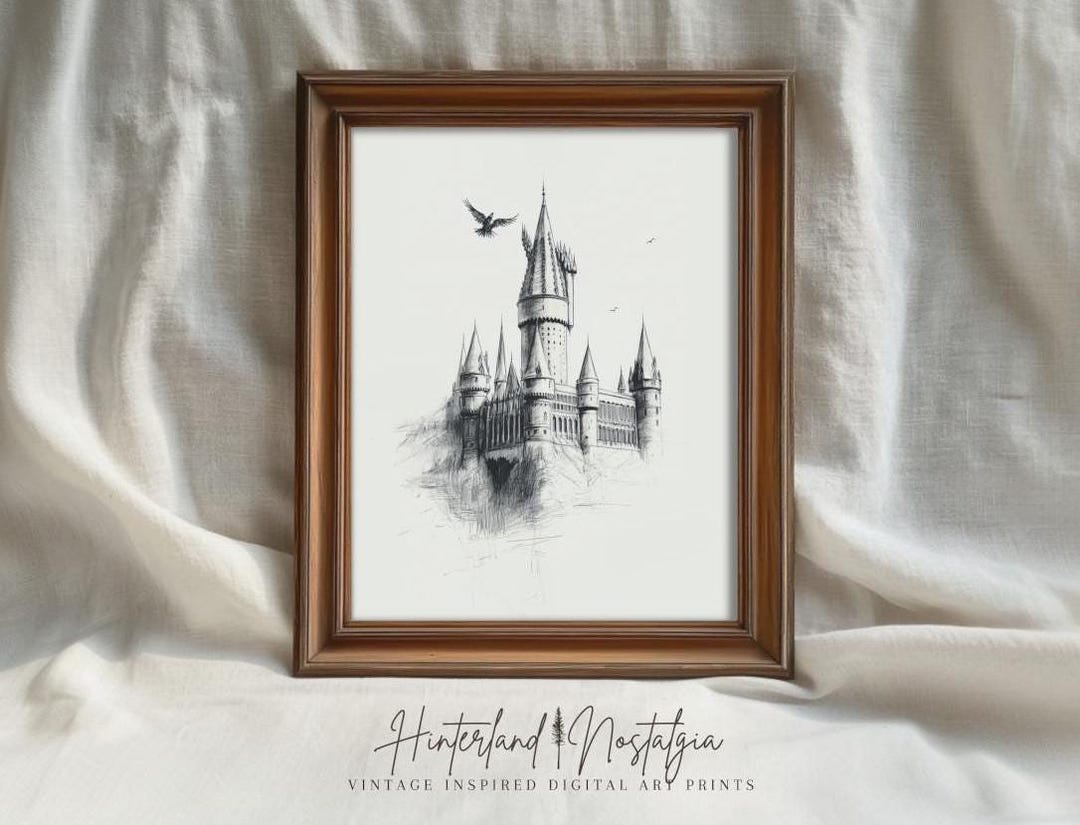 Wizard's Magic School Castle Pencil Sketch | Vintage Fantasy Book ...