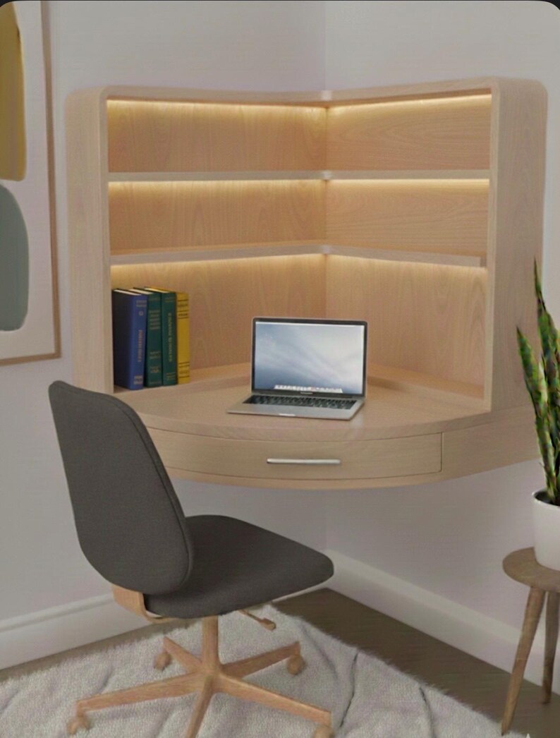 Curved Floating Solid Wood Desk With Drawer and Shelving. Computer Desk ...