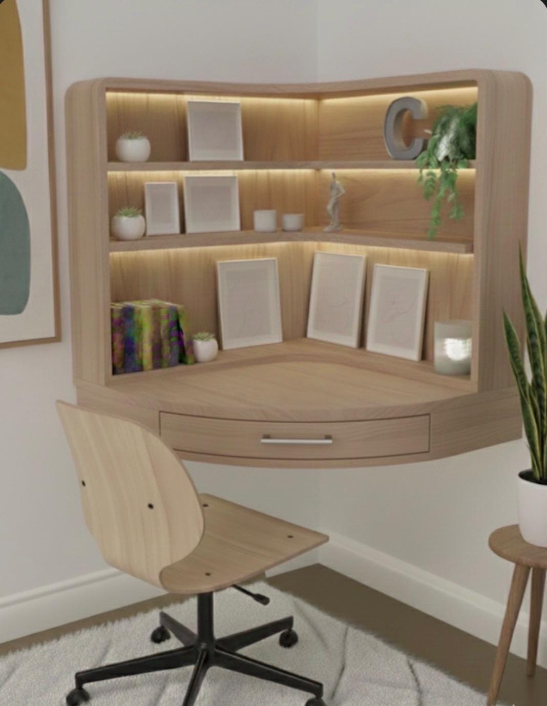 Curved Floating Solid Wood Desk With Drawer and Shelving. Computer Desk ...