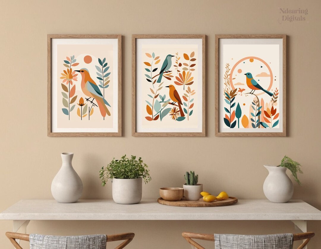 Set of 3 Printable Boho Abstract Birds Wall Art, Boho Style Wall Decor ...