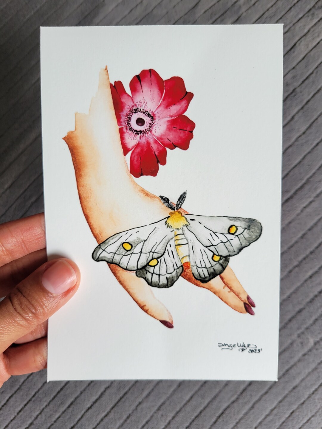 Moth Print Watercolor Art 4x6, Woman Hand Art, Boho Hands Art, Flower ...