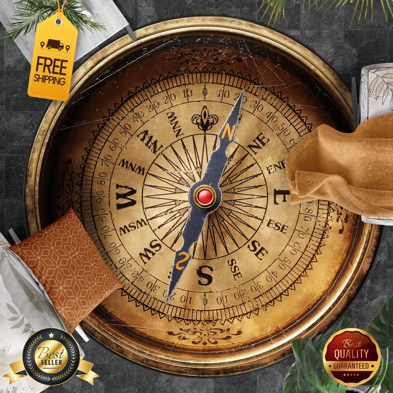 Compass Rose Rug, Round Compass Carpet, Real Looking Non-slip Compass ...