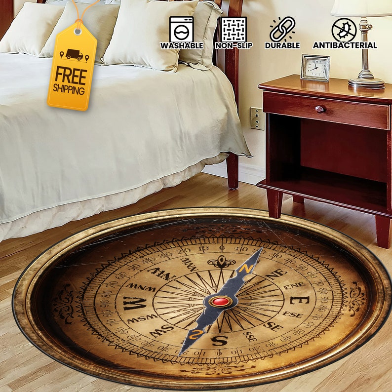 Compass Rose Rug, Round Compass Carpet, Real Looking Non-slip Compass ...