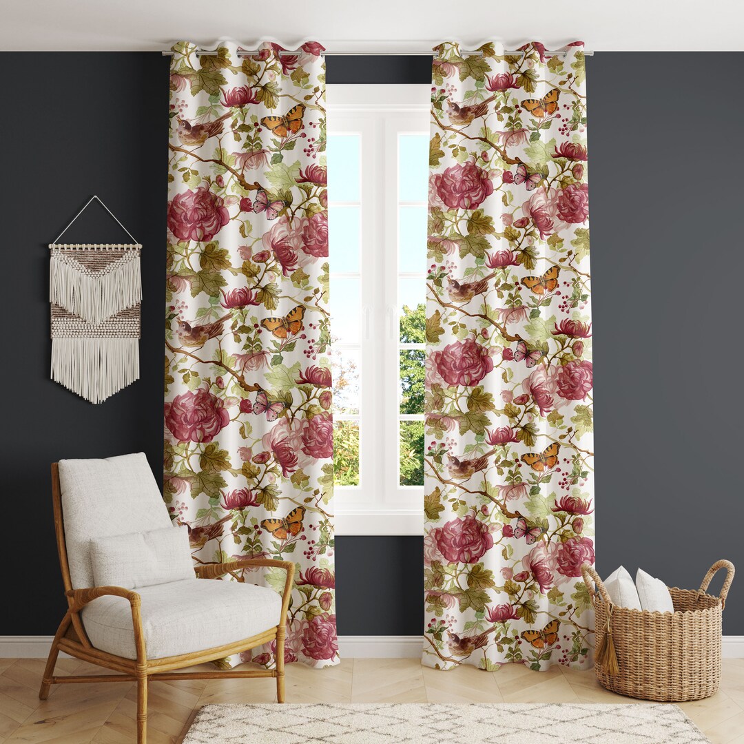 Modern Vintage Rose Velvet Curtains Draperies, Pastoral Style, Birds ...