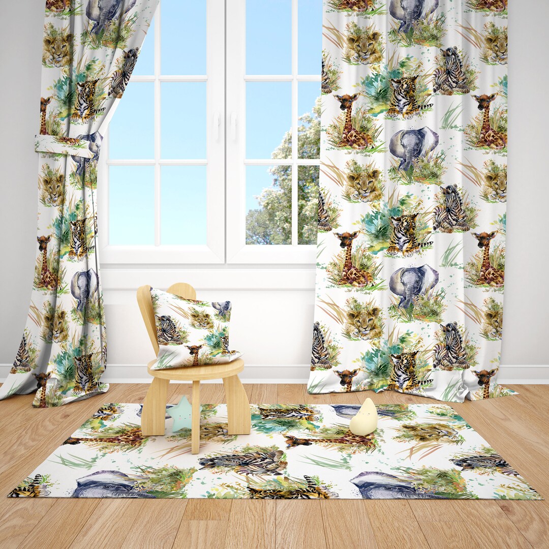 Safari Animals Themed Cute Nursery Curtain, Lion, Monkey, Giraffe ...