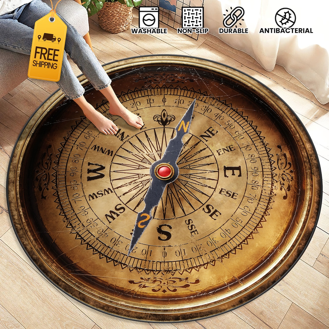 Compass Rose Rug, Round Compass Carpet, Real Looking Non-slip Compass ...