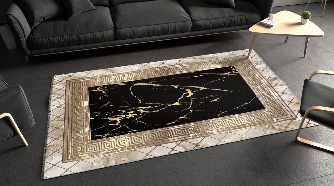 Greek Patterned Carpet, Old Fashion Rug, Black Gold Area Rug ...