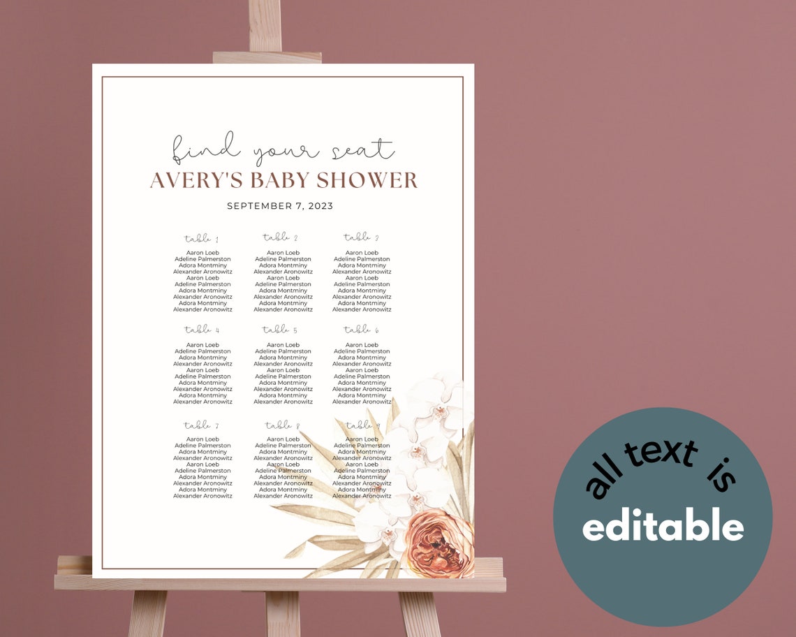 Baby in Bloom Boho Baby Shower Seating Chart, Online Editable Templates ...