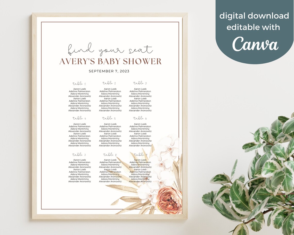 Baby in Bloom Boho Baby Shower Seating Chart, Online Editable Templates ...