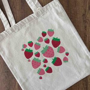Pastel Cute Strawberry Cottage Core Aesthetic Design on Canvas Tote Bag ...