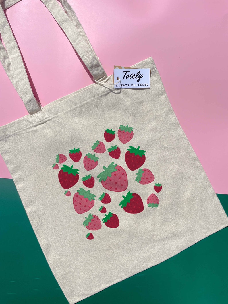 Pastel Cute Strawberry Cottage Core Aesthetic Design on Canvas Tote Bag ...