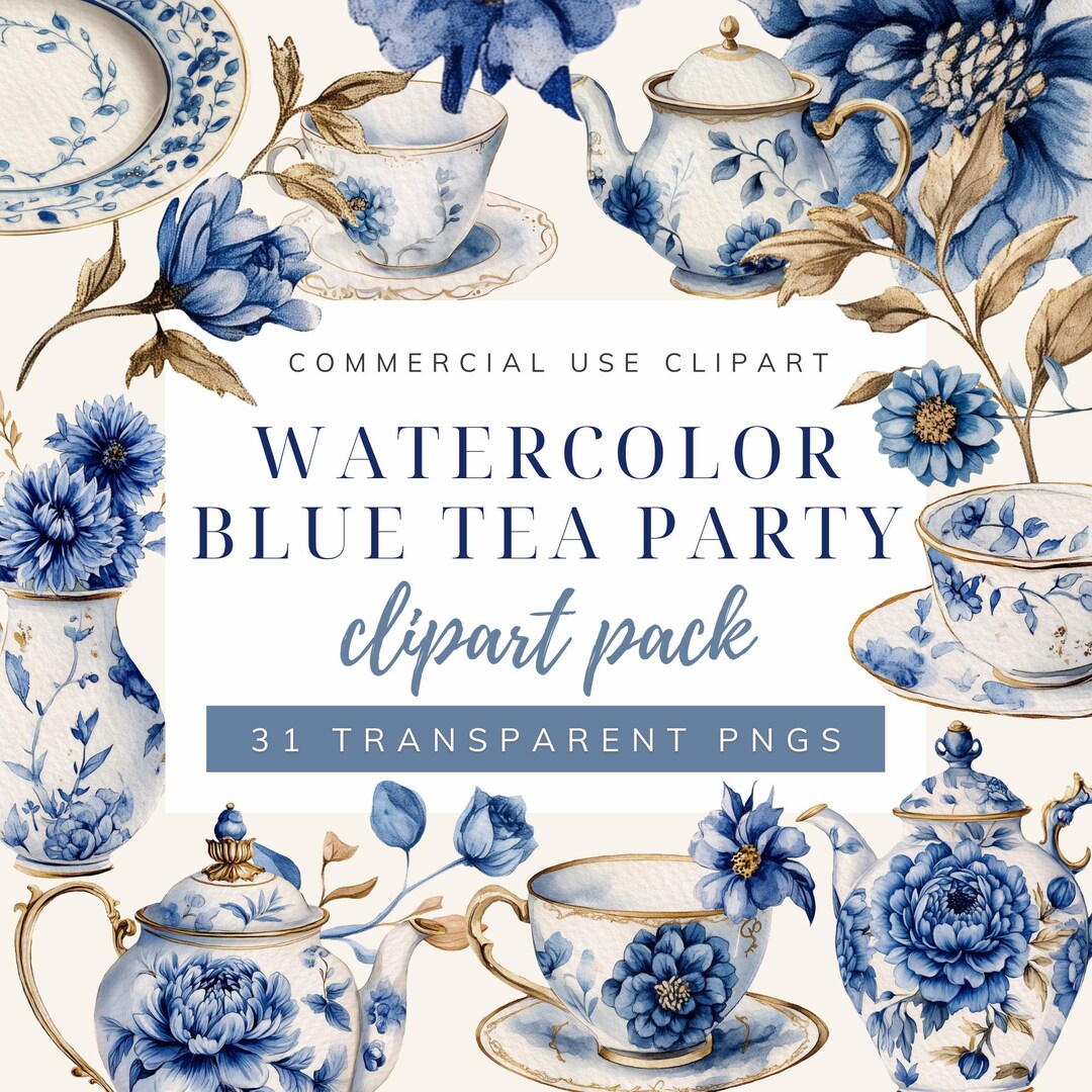 31 Blue Tea Party Clipart Set – Watercolor Vintage Floral Teaware PNG ...