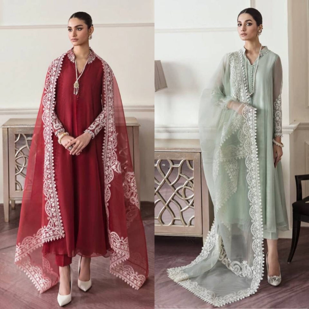 Premium Designer White Thread Embroidery Work Georgette - Etsy